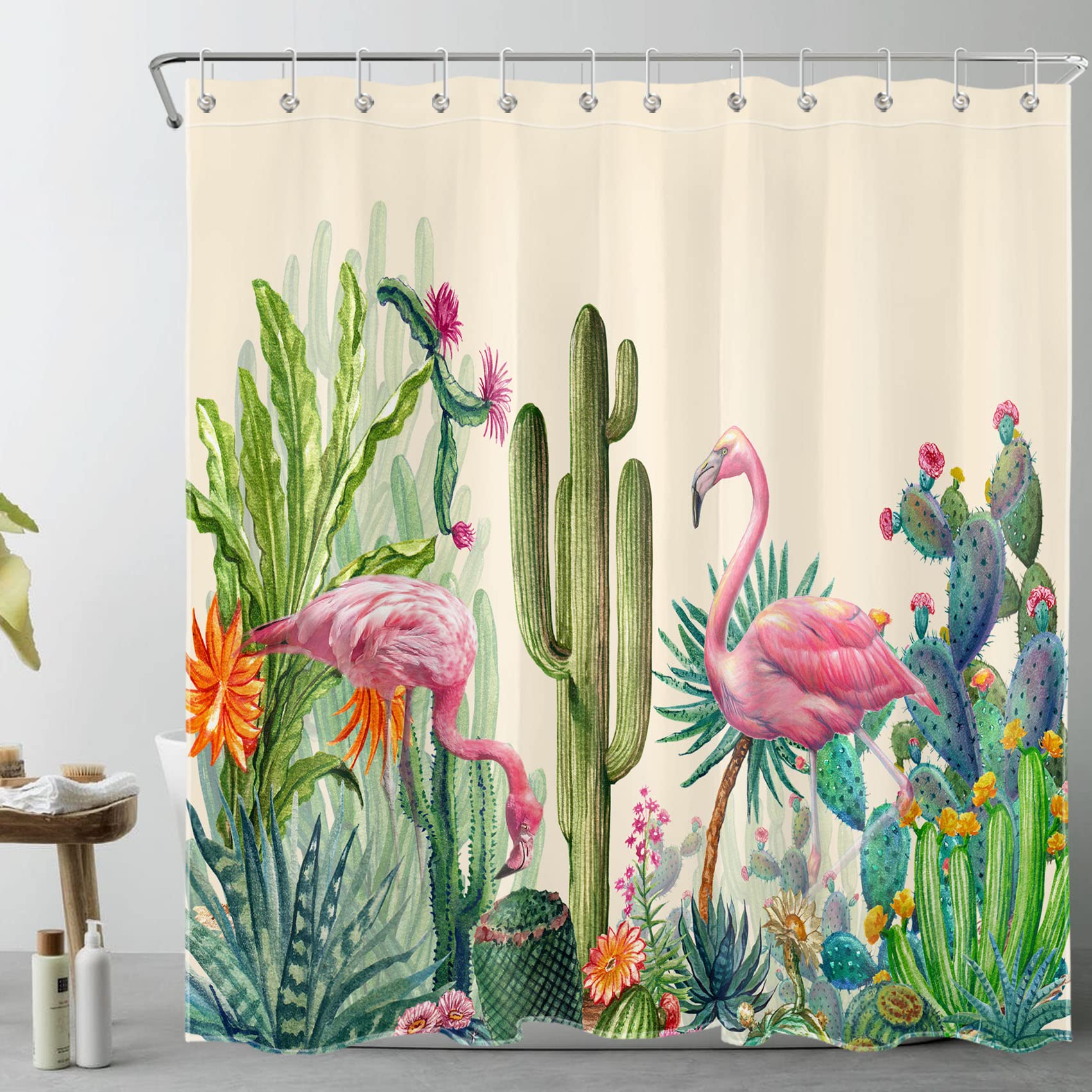 HVEST Cactus Flamingo Shower Curtain for Bathroom, Tropical Green Succulent and Pink Flamingo on Beige Shower Curtain with Hooks, 72X72 inches Sage Green Plant Polyester Fabric Bathroom Curtain