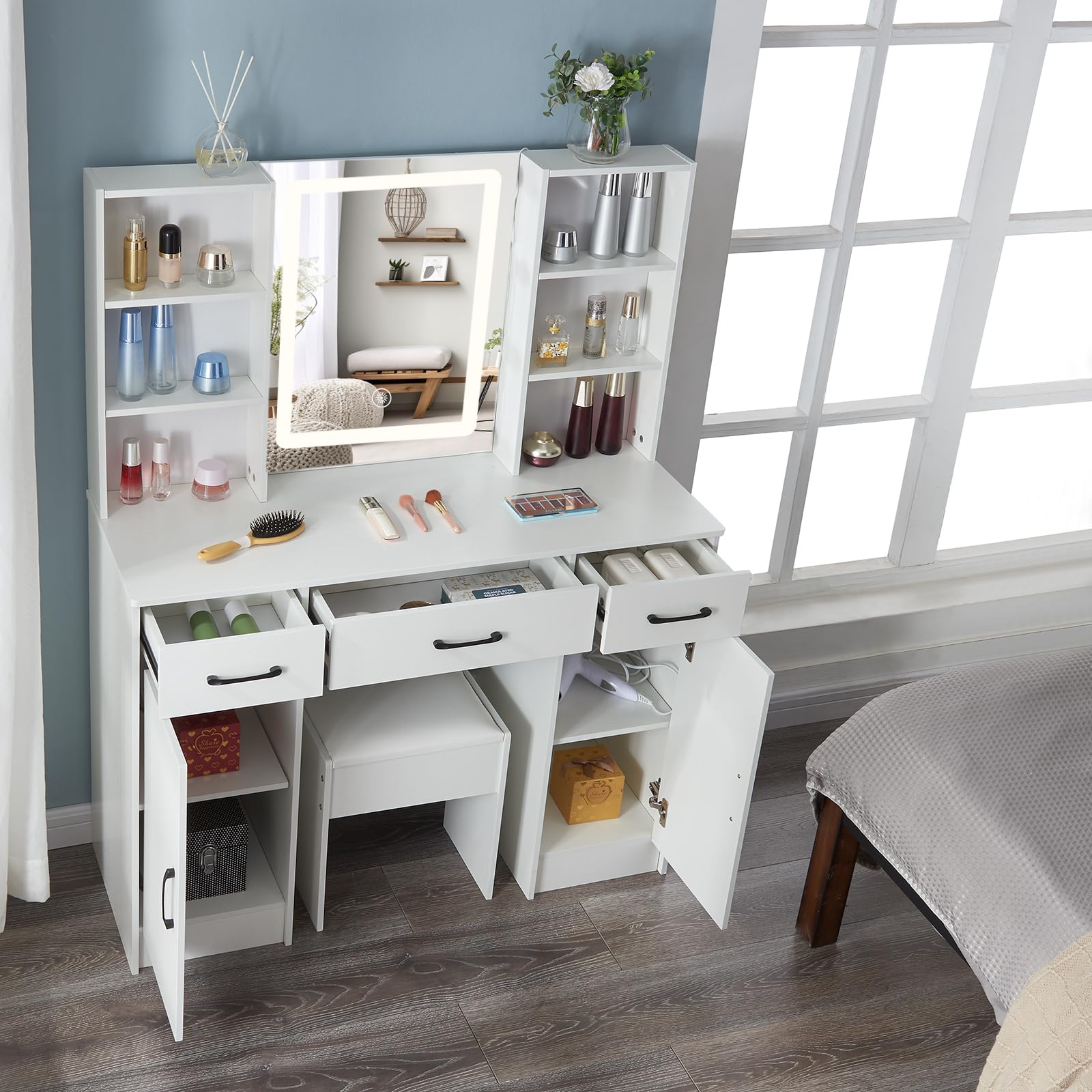 Hikooo Large Makeup Vanity 42" W Dresser with Lights and Mirror, 2 Large Drawer & Six Level Storage Dresser, 3 Color Lighting Modes Adjustable Brightness Bedroom Dressing Table - White