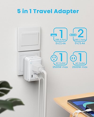 Universal Travel Adapter Kit, VINTAR International Plug Adapter with 3 USB Ports(2 USB C, 3.4A) & 2 American Outlets, Type A,C,G,D,I,M Swap&Adapt Attachments, Adapter for US/EU/UK/India/AUS/Africa