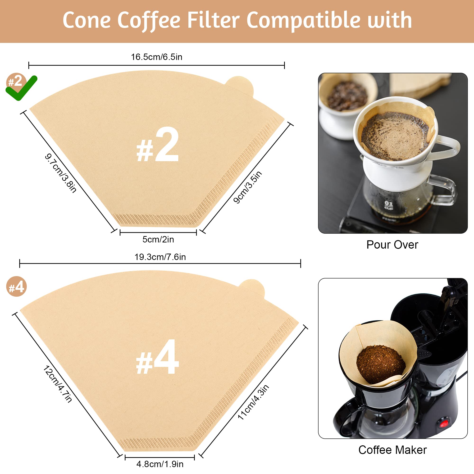 Hogurity Coffee Filters 2, Set of 200 Disposable #2 Cone Coffee Filter Unbleached Natural Coffee Filters 2 Cone Paper for Pour Over Coffer Makers/Coffee Dripper Cones(2-6 Cups)