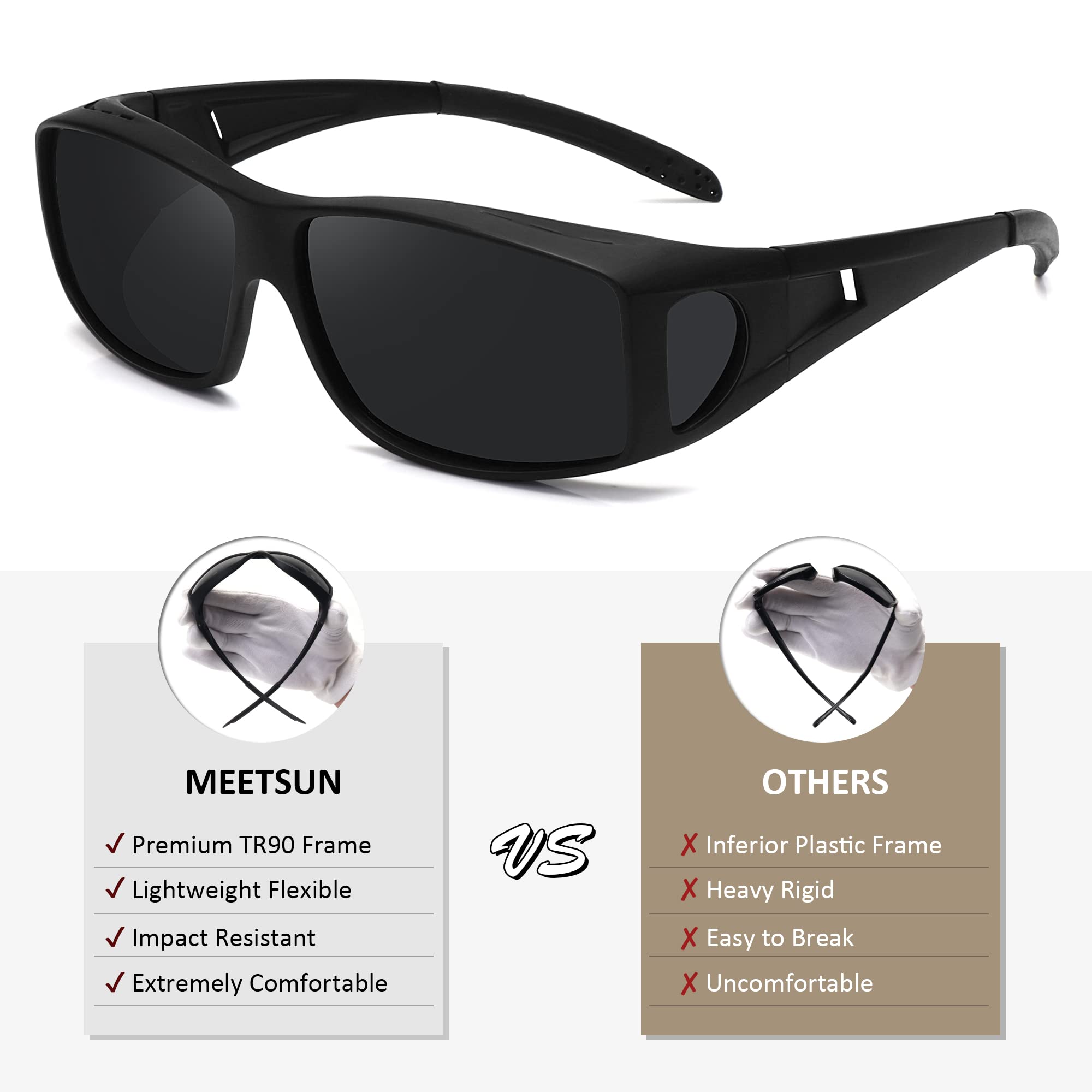 MEETSUN Fit Over Glasses Sunglasses for Men Women,Wrap Around Sunglasses Polarized UV400 Protection Black Frame-Gray Lens
