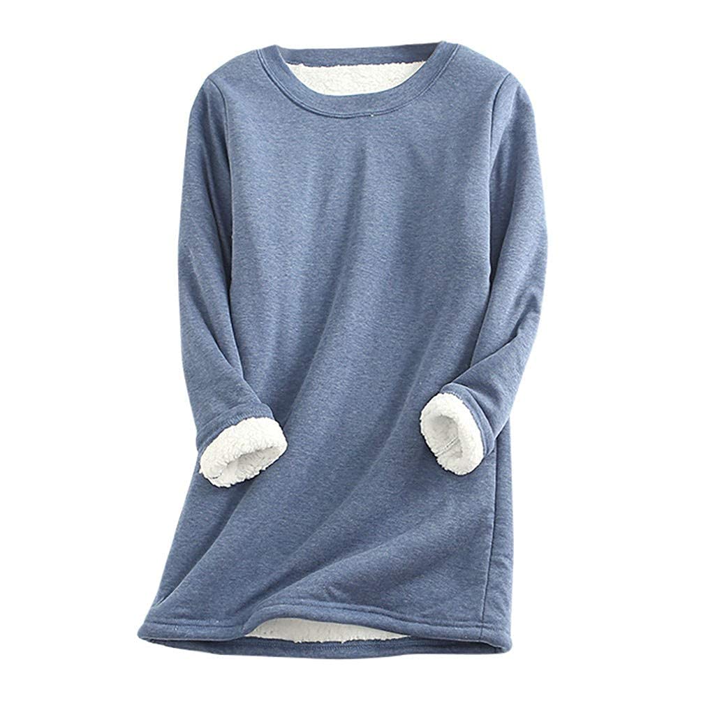 iOPQO Women Thick Fleece Sweatshirt Solid Colo Crewneck Long Sleeve Shirts Fall Winter Velvet Warm Tunic Tops (Blue, XXL)