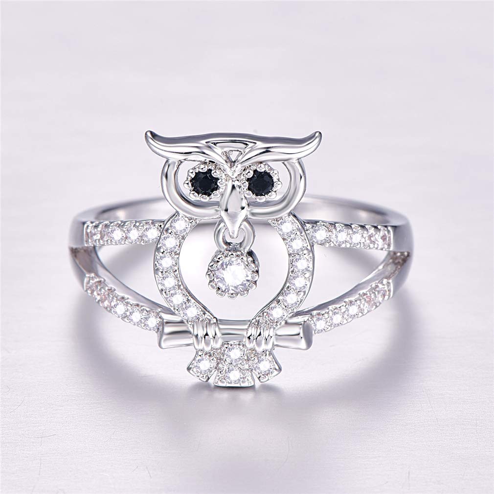 Honghu Owl Shape Black Spinel Women 925 Sterling Silver Ring Round Cut Engagement Statement Black #8