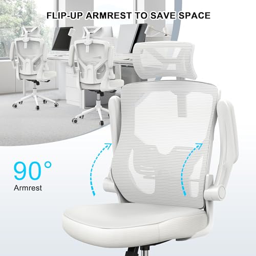 π―πΆπ΄π¬ πΆπππ°πͺπ¬ πͺπ―π¨π°πΉ, Ergonomic Mesh Desk Chair, High Back Computer Chair- Adjustable Headrest with Flip-Up Arms, Lumbar Support, Swivel Executive Task Chair (Modern, White)