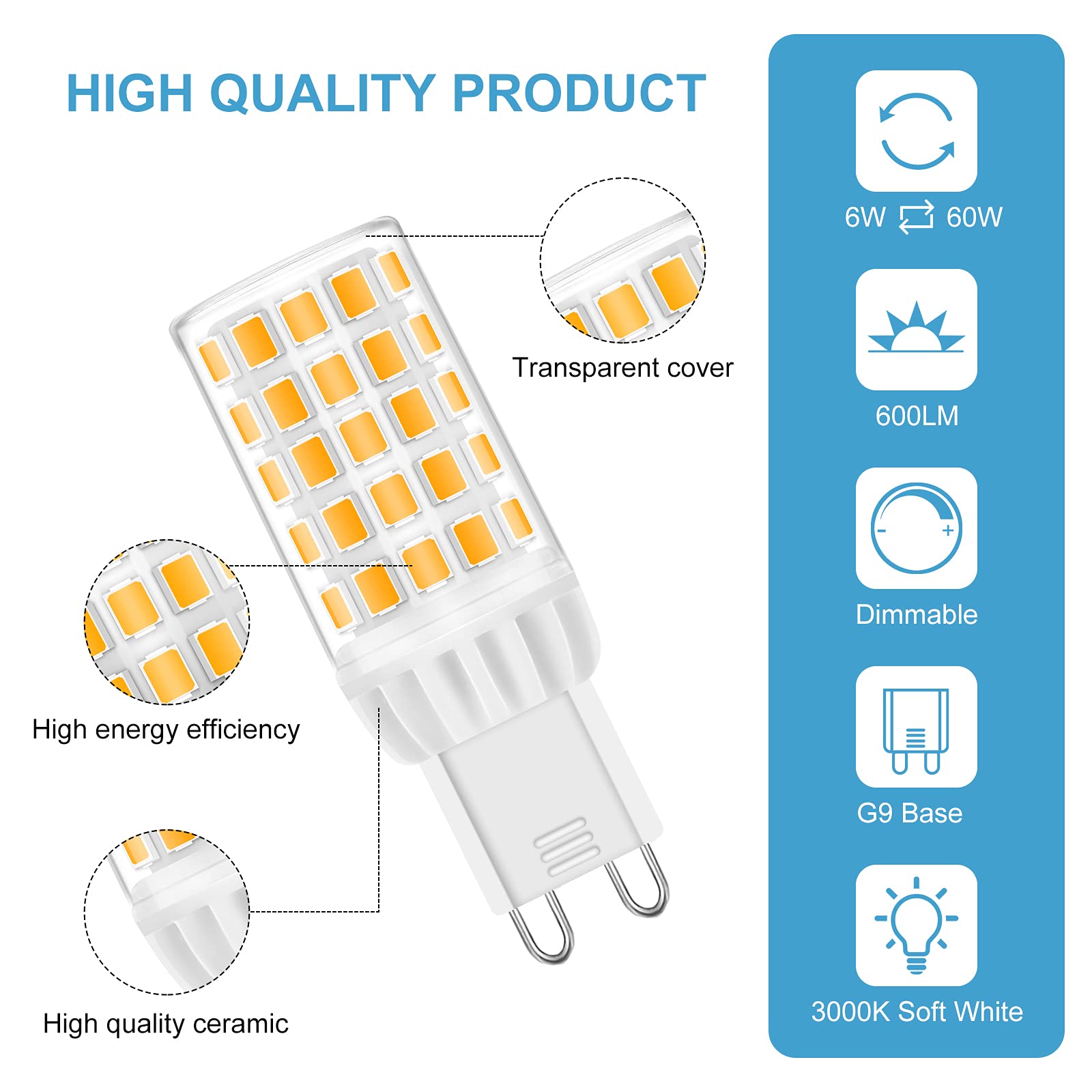 JandCase G9 LED Bulb Dimmable, G9 LED Light Bulbs, 6W (60W Halogen Equivalent), Soft White 3000K, 600LM, G9 Bi-pin Base, 360° Beam Angle, for Home Lighting, Ceiling Lamp, Chandelier, 2 Pack