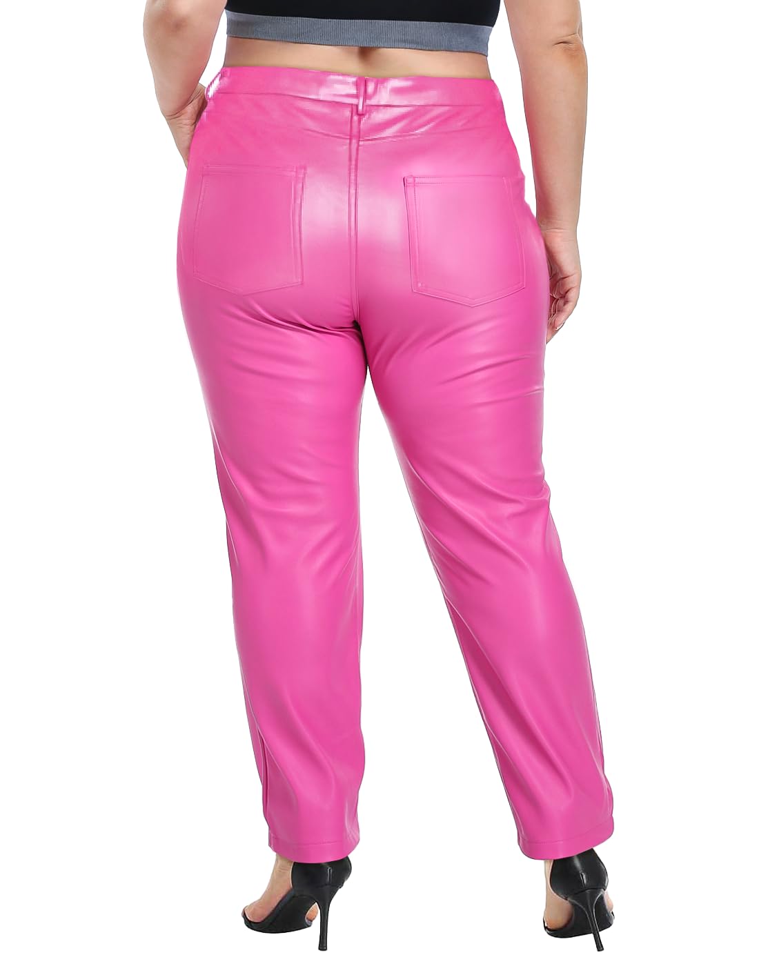 HDE Women's Plus Size Faux Leather Pants High Waist Straight Leg Pant w/Pockets Hot Pink - 1X