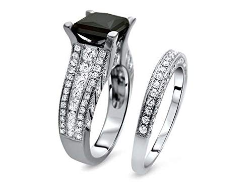 IRA 14K White Gold Over 925 Sterling Silver 2.00 ct Princess Cut Black & White CZ Diamond Engagement Wedding Halo Bridal Ring Set Womens