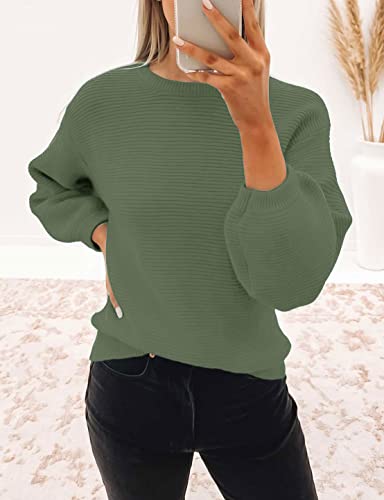 ZESICA Women's 2023 Crew Neck Long Lantern Sleeve Casual Loose Ribbed Knit Solid Soft Pullover Sweater Tops,ArmyGreen,Medium