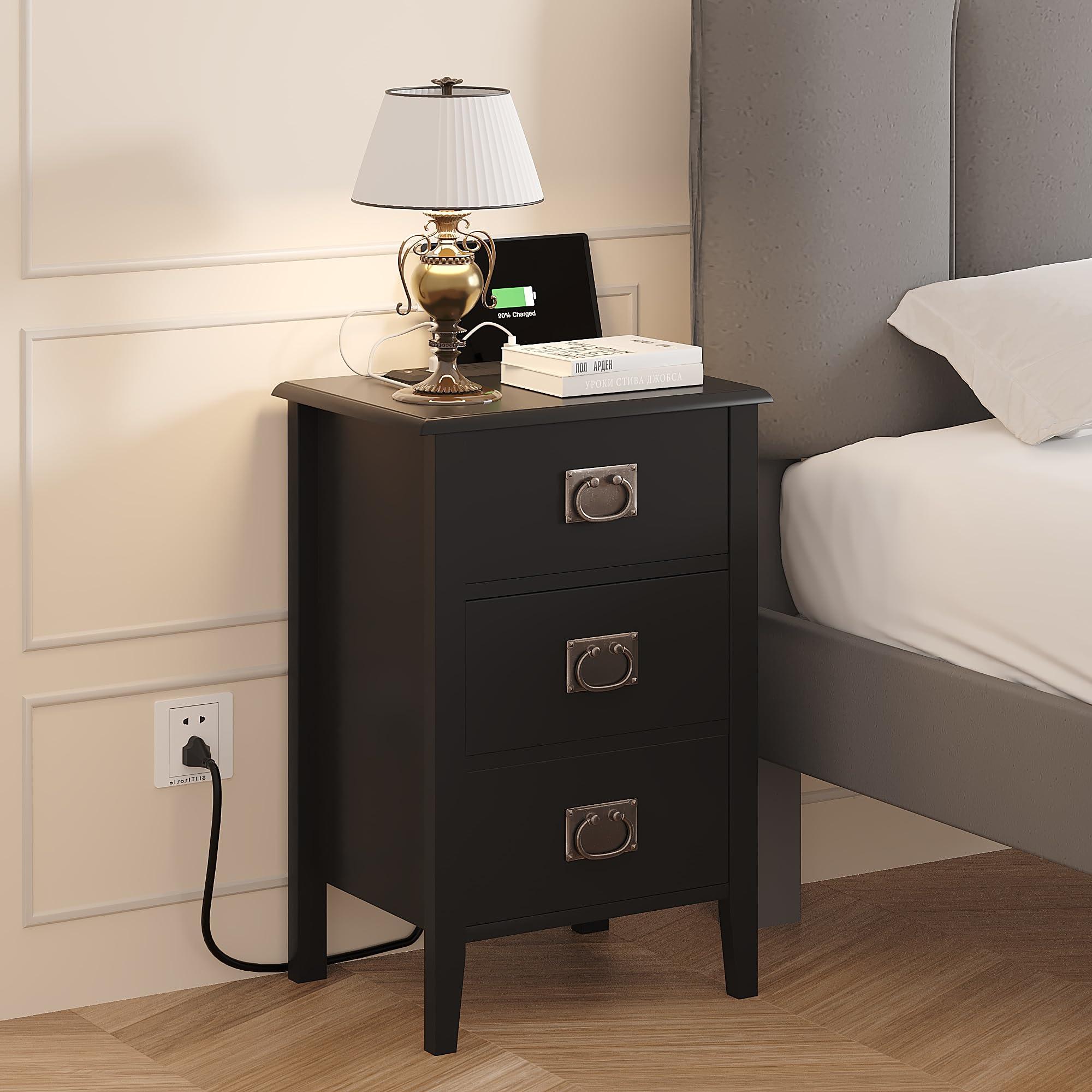 VECELO Nightstand Set of 2 with Storage Drawer and Open Shelf, Vintage Solid Wood Bedside End Tables for Bedroom, Living Room, Small Space, Two Drawers, Brunette Brown