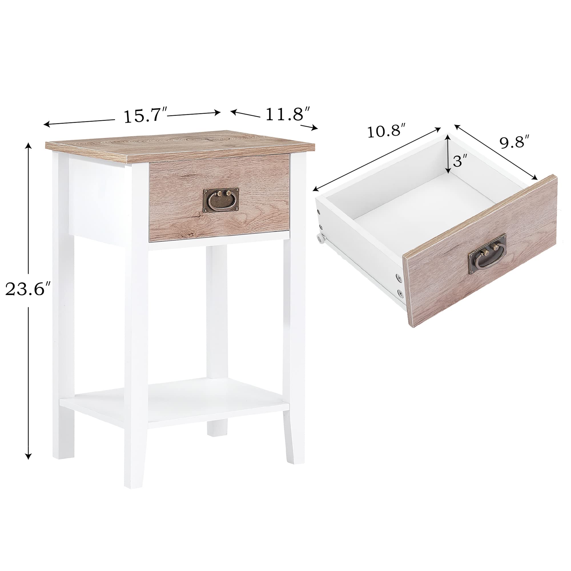VECELO Nightstands Set of 2, Side End Table with Drawers for Bedroom, Living Room Sofa Bedside, Vintage Accent Furniture Small Space Storage Cabinet, Solid Wood Legs