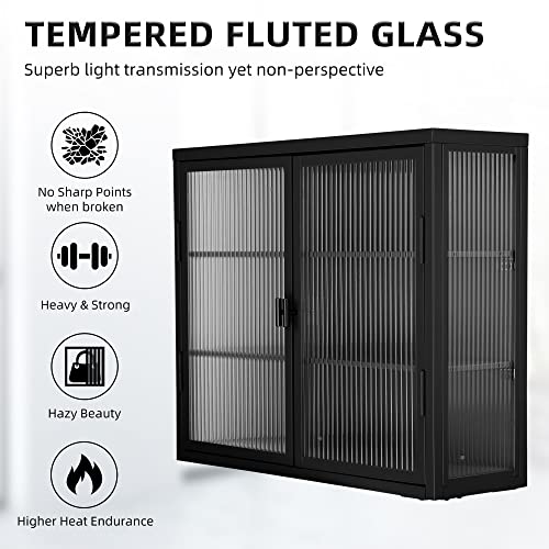 HomSof Haze Double Glass Door Wall Cabinet with Detachable Shelves for Office, Dining Room,Living Room, Kitchen and Bathroom, Black