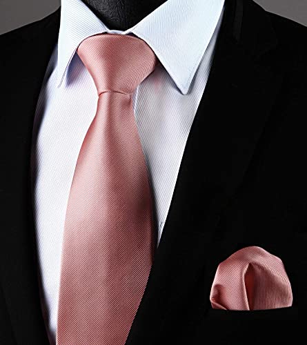 HISDERN Mens Ties Pink Ties for Men Formal Necktie with Pocket Square Set Satin Silk Dusty Rose Gold Neck Tie Set Classic Blush Tie Handkerchiefs for Wedding