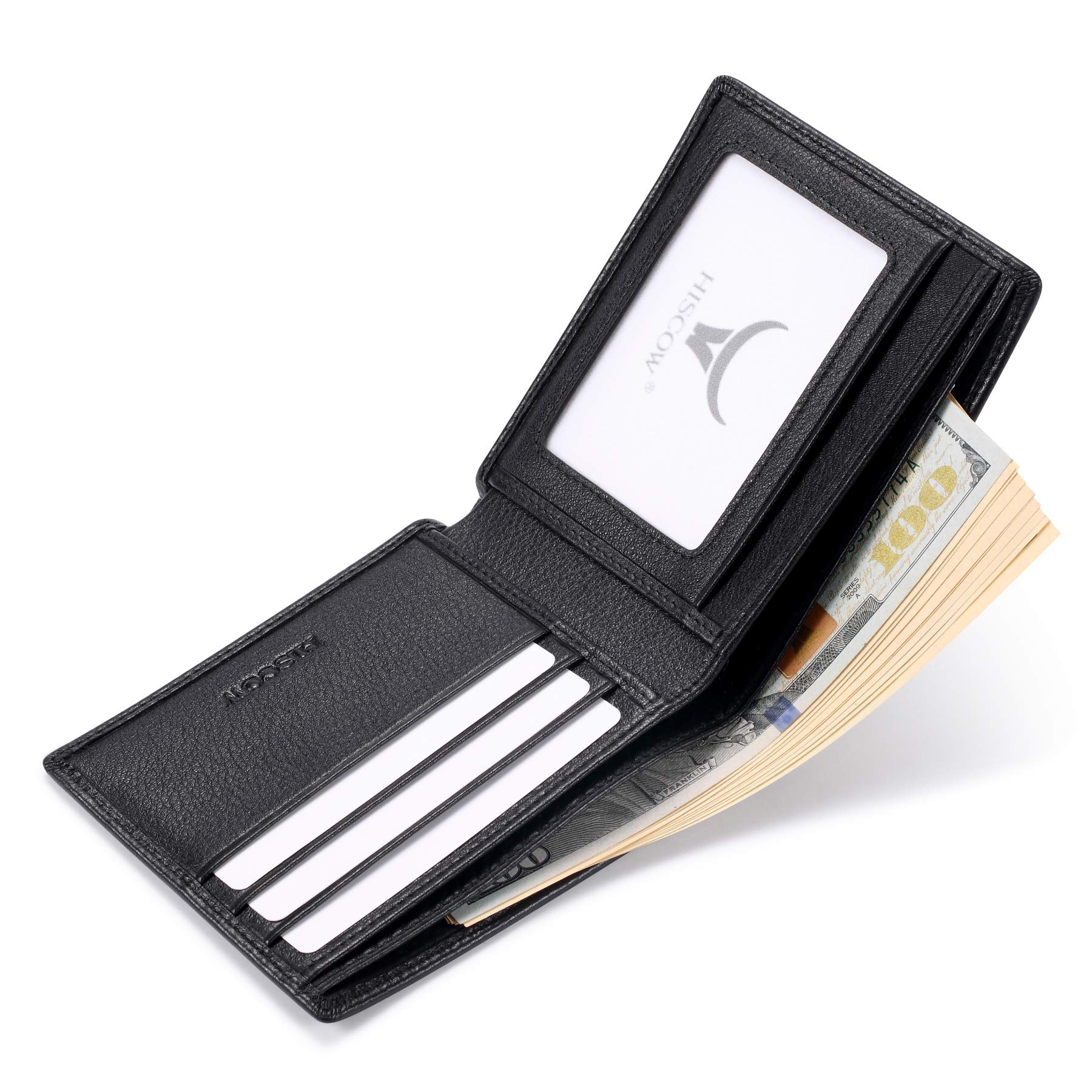 HISCOW Full Grain Leather Bifold Wallets for Men, Slim Minimalist Mens Wallet, Gifts for Dad Birthday Fathers Day (Pebbled Black)