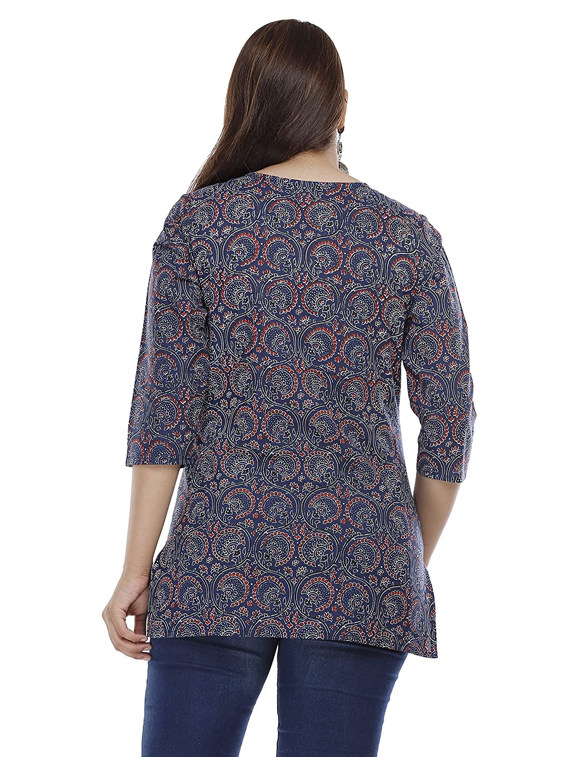 Holy libas Short Kurti for Women's, Blue Printed Straight Cotton Kurta, Round Neck 3/4 Sleeve for Women for Girls (as1, alpha, m, regular, regular, Blue)