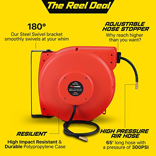 ReelWorksAir Hose Reel Retractable 1/4" Inch x 65β Foot Hybrid Polymer Hose, Max 300 Psi Compressor Water Plastic Spring Driven Swivel Bracket Polypropylene Case Construction Industrial