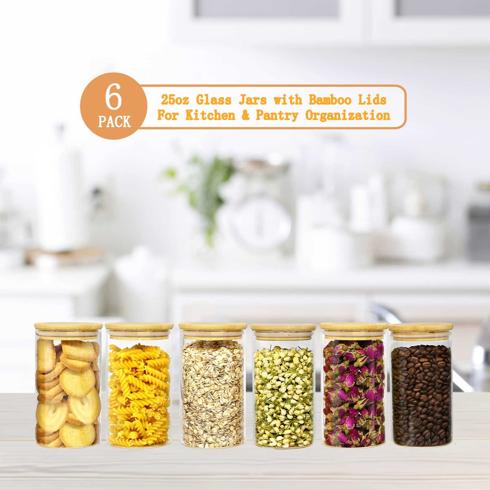 Hoanra 25oz Glass Jars with Airtight Bamboo Lids and Labels, Glass Food Storage Containers for Kitchen Pantry Organization for Coffee Tea Candy Cookie Nuts(6 Pack)