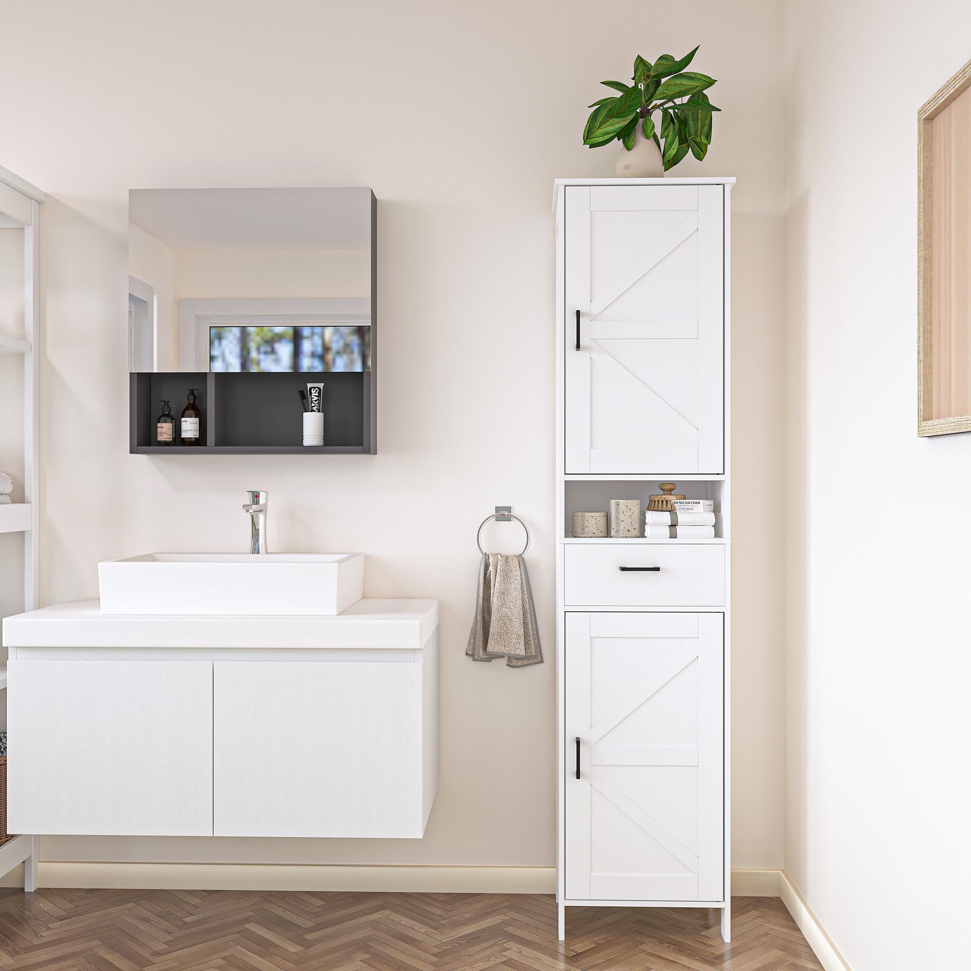 Homhedy 67" H Tall Bathroom Storage Cabinet with 2 Barn Doors and 1 Drawer,Storage Cabinet, Adjustable Shelves,Floor Cabinet for Bathroom, Living Room, Entryway, Kitchen, White