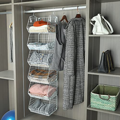 X-cosrack 6 Tier Closet Hanging Organizer, Clothes Hanging Shelves with 4 Hanging Hooks 5 S Hooks, Wire Storage Basket Bins, for Clothing Sweaters Shoes Handbags Clutches Accessories Patent Design