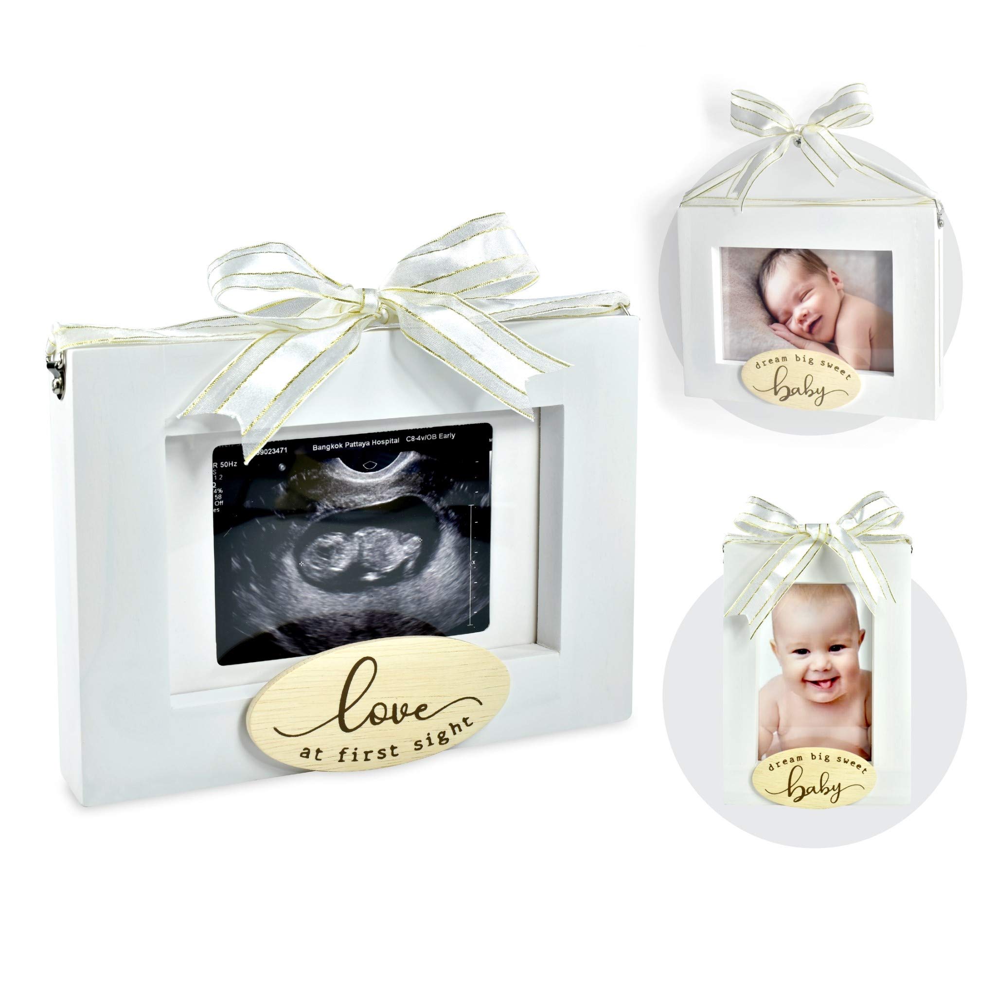 I’m Solid Wood Sonogram Pregnancy Baby Ultrasound 2 Sided Photo Frame, Great for Expecting New Parents Keepsake & Nursery Décor “Love at First Sight/Dream Big Sweet Baby" (White)