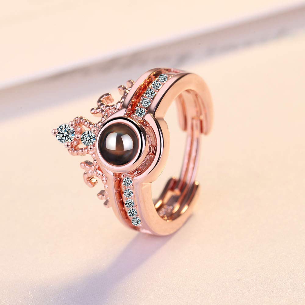 Inf-way I Love You 2-in-1 Open Ring, 100 Languages Projection on Round Onyx Pendant Loving Memory Rings for Christmas Gifts (Crown Gold)