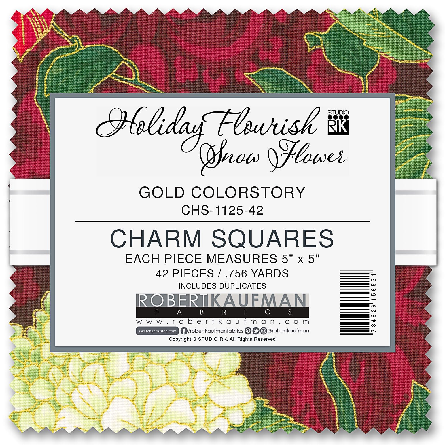 Holiday Flourish Snow Flower Gold 42 5-inch Squares Charm Pack Robert Kaufman CHS-1125-42
