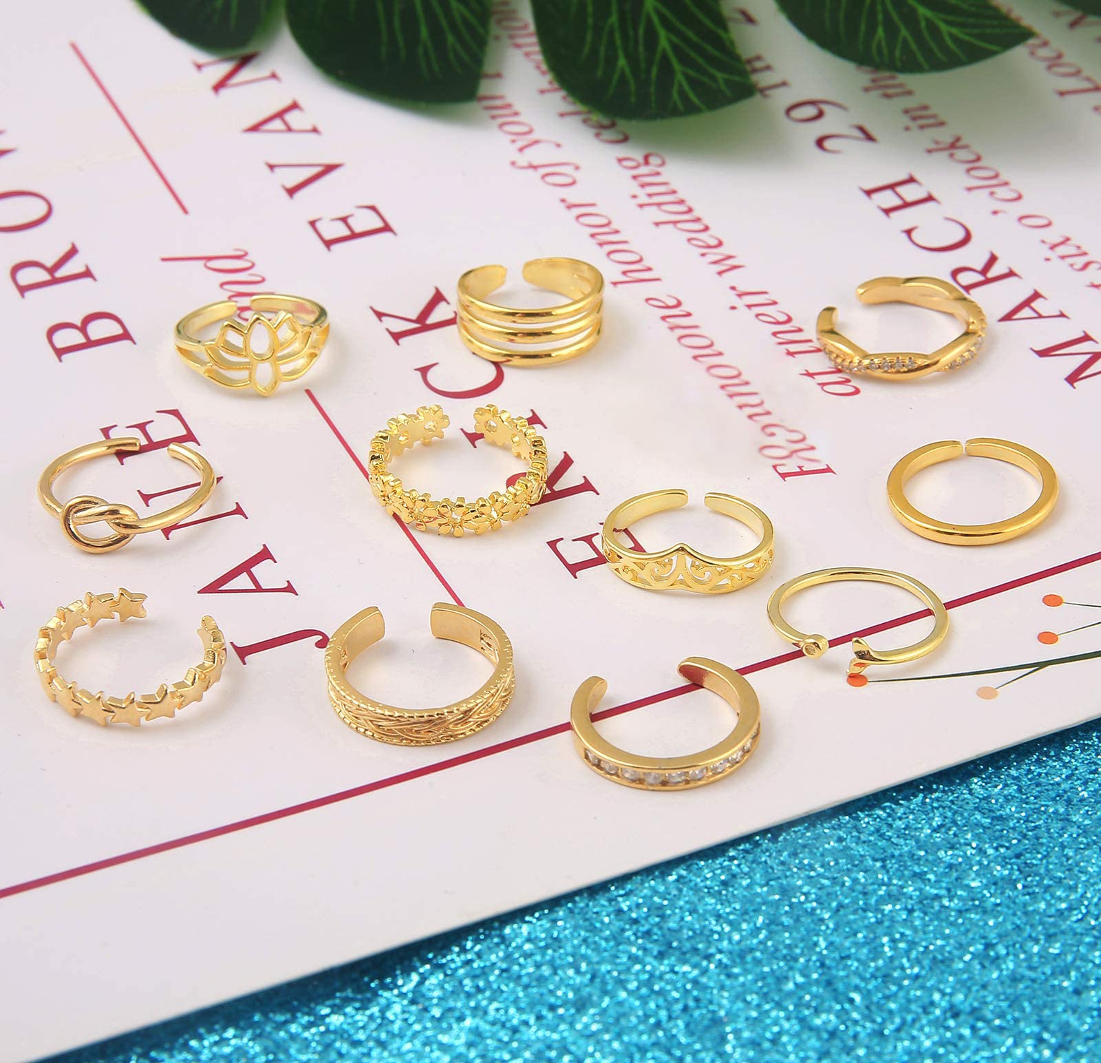 Honsny 12PCS 14K Gold/Silver Plated Toe Rings for Women Adjustable Band Rings Open Flower CZ Toe Ring Set Beach Foot Jewelry