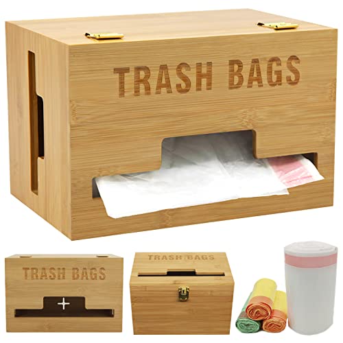 Upgraded Extra Large Bamboo Trash Bag Dispenser Garbage Bag Holder Kitchen Laundry Trash Can Organizer, Compatible with Standard Trash Bag Rolls, Wall Mounted or on Countertop