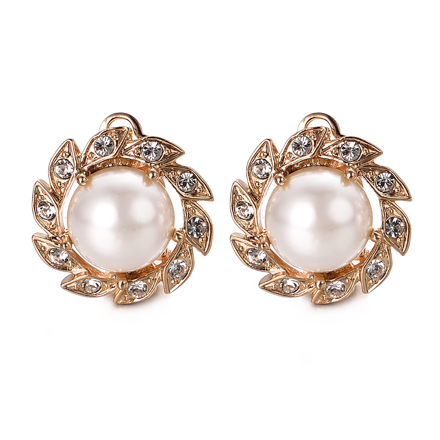 JOLCHIF Faux Pearl Clip on Earrings for Women Non Pierced Ear 18K Rose Gold Plated Sunflower Cz on Wedding Earrings Jewelry
