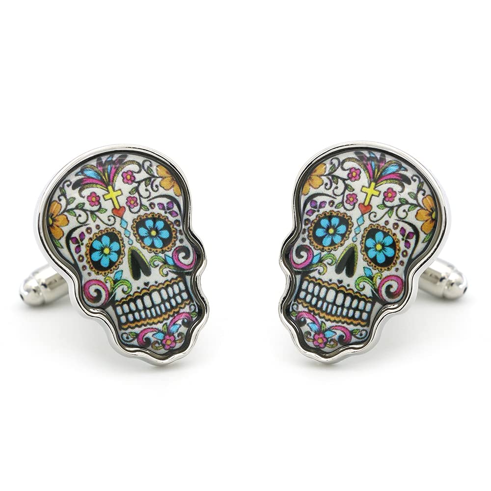 iGame Day Of The Dead Cuff Links Muti-color Brass Material Sugar Skull Design Cufflinks with Gift Box