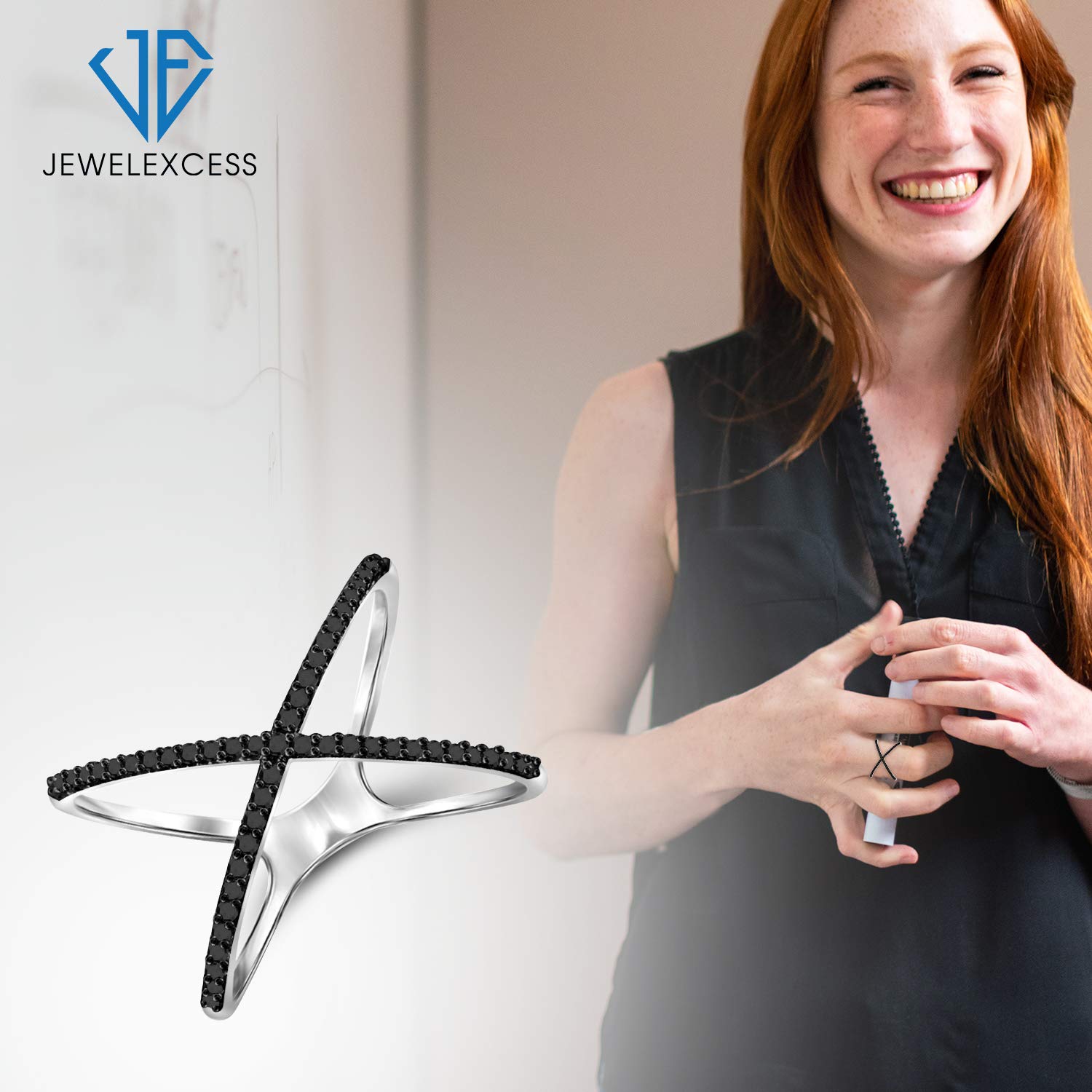 JEWELEXCESS Sterling Silver Criss Cross Ring β 1/7 Carat Black Diamond Ring with .925 Sterling Silver X Ring β Real Diamond Criss Cross Ring with Hypoallergenic Sterling Silver Ring Band