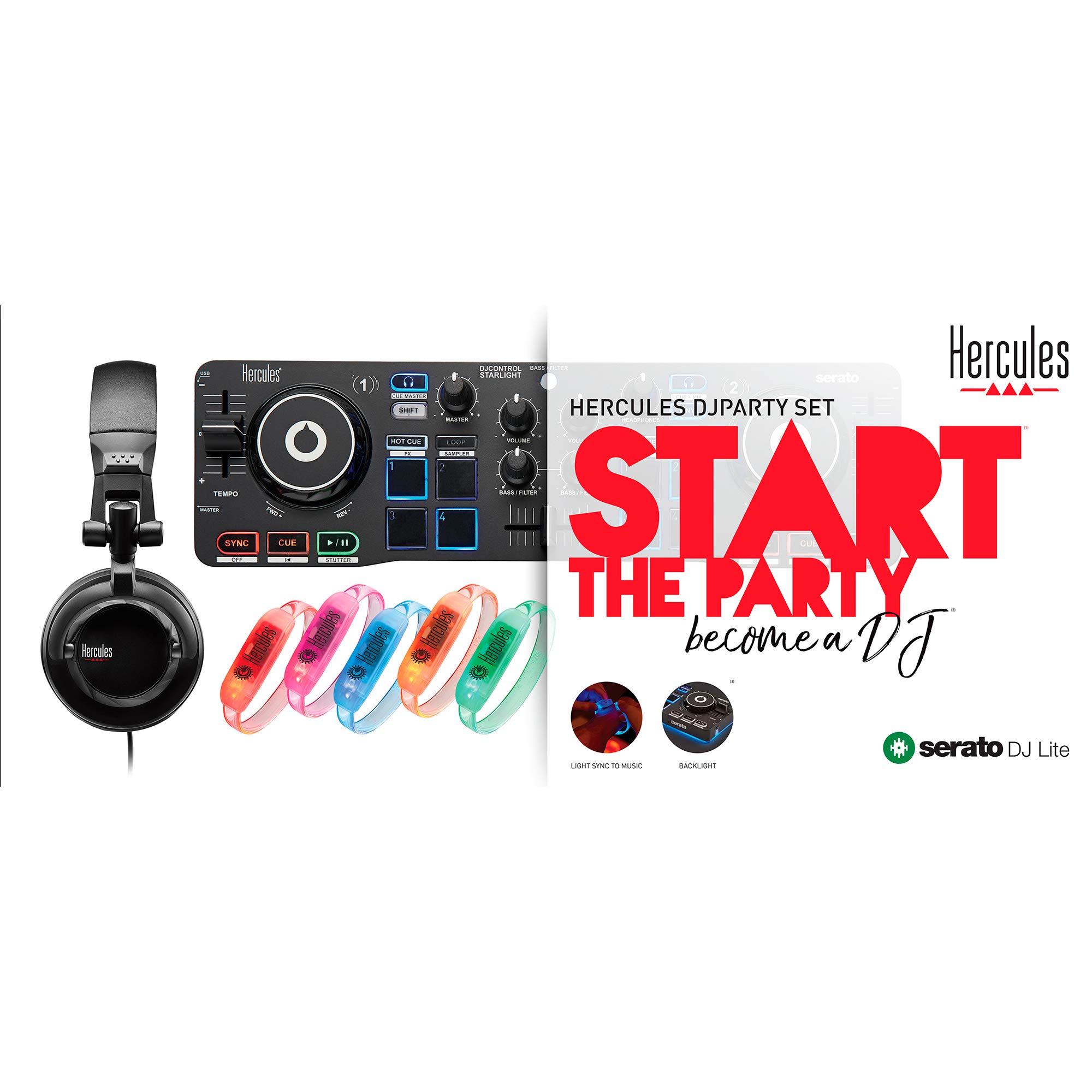 Hercules DJ Party Set: Ultra-compact, 2-deck DJControl Starlight USB DJ controller for Serato DJ Lite, HDP DJ45 headphones, 5 beat-detecting LED wristbands.