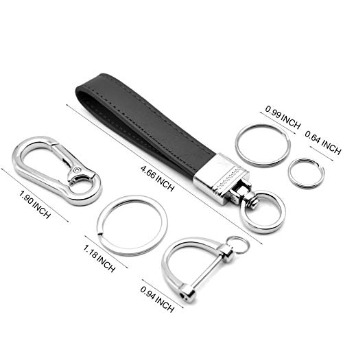 INFIPAR Multifunctional Car and Home Keychain Black Genuine Leather Key Chain and Metal Key Rings for Men Women, with 360 Degree Rotatable Snap Swivel and Anti-lost Screw