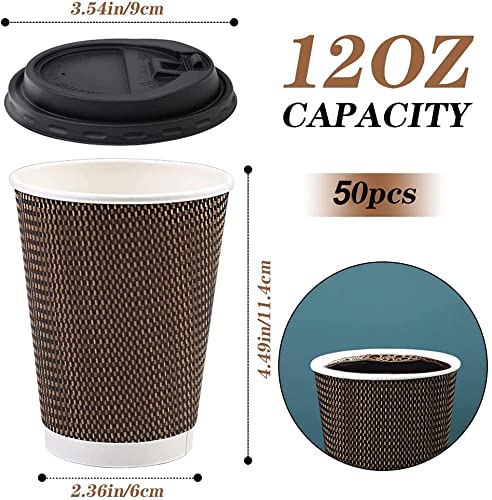 Hssugi 12 Oz Disposable Hot Coffee Cups with Lid, Ripple Wall Paper Cup, Insulated Double Ripple Wall Paper Coffee Hot Cups for Coffee, Tea, Hot Chocolate Drinks(50 pack)