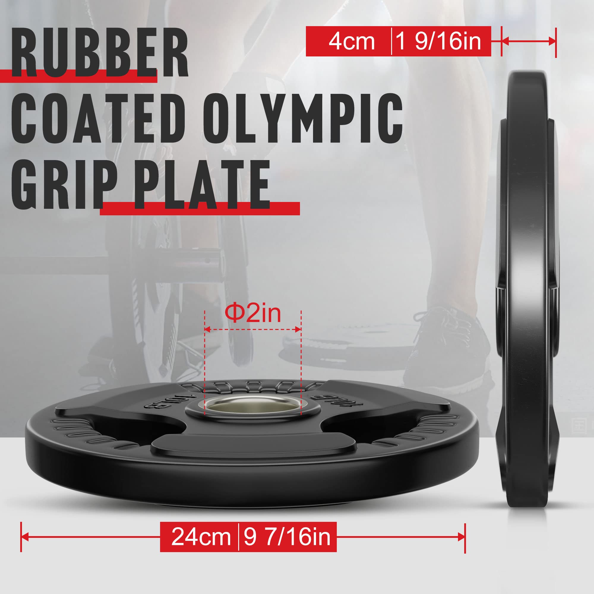 Holleyweb Weight Plates Olympic Rubber Grip Plates 2-Inch Cast Iron Grip Plates Bumper Plates for Strength Training, Weightlifting, Crossfit Weights for Home Gym (A167)