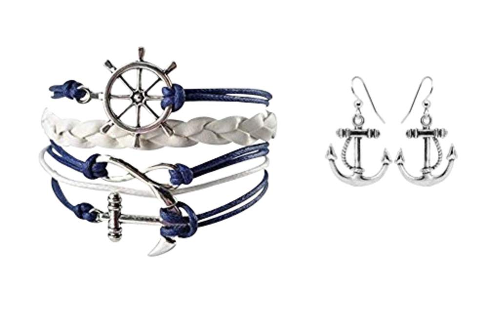 Infinity Collection - Nautical Anchor Charm Earrings & Bracelet for Women, Navy and White Anchor Braided Bracelet - Weaved Leather Rope with Ship Wheel, Infinity, and Anchor Charm Bracelet