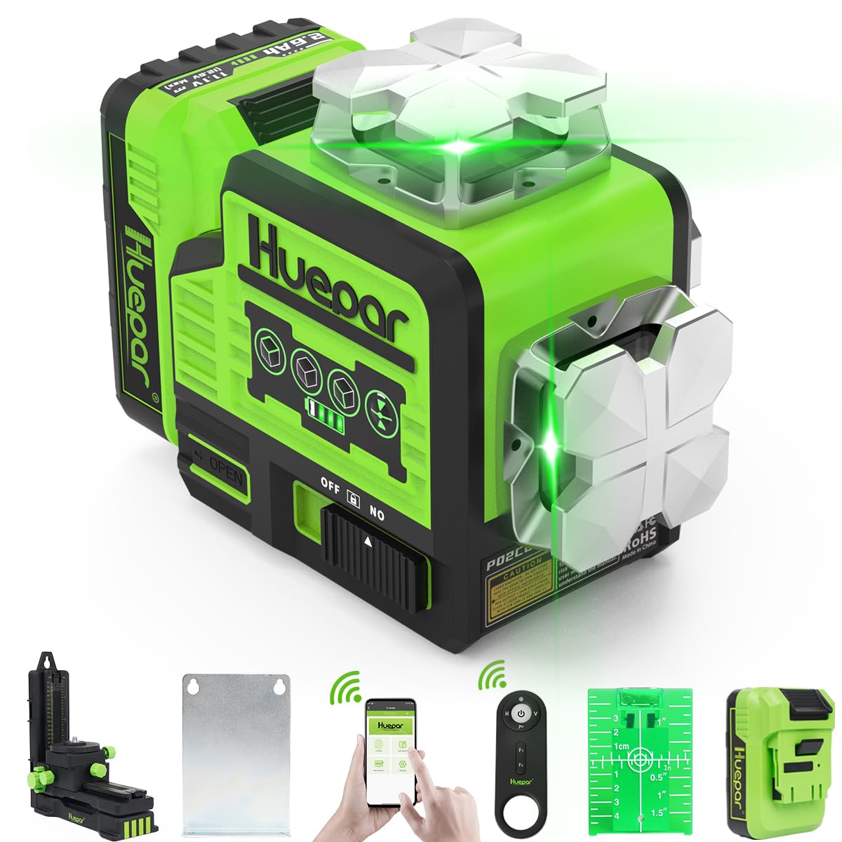 Huepar Laser Level Multi-line - Four Vertical and One Horizontal Cross Lines Laser With Plumb Dot, Green Beam Alignment Self-leveling Laser Tool, 360°Rotating Base & Hard Carrying Case Included NT411G