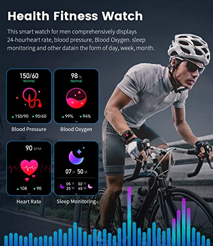 Smart Watches For Men Rugged Make/Answer Calls Voice Assistant 1.96in IPS Big Screen 400mAh Long-Lasting Battery 5ATM Waterproof Fitness Heart Rate Step Calorie Tracker Android iOS Men's Smartwatch