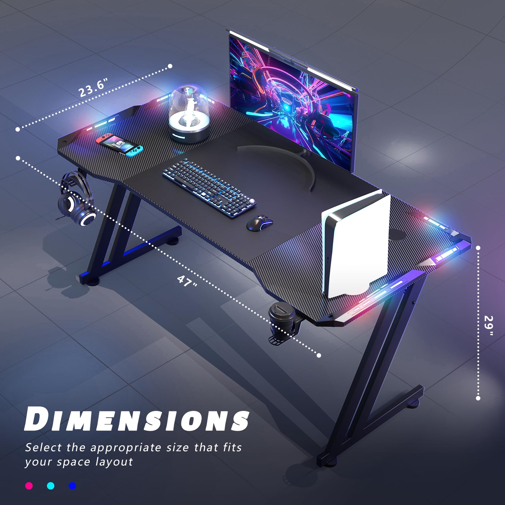 HLDIRECT 47 Inch Gaming Desk with LED Lights Carbon Fibre Surface Gaming Table Large Computer Desk Ergonomic Home Office Desks Z Shaped PC Gamer Workstations Blue