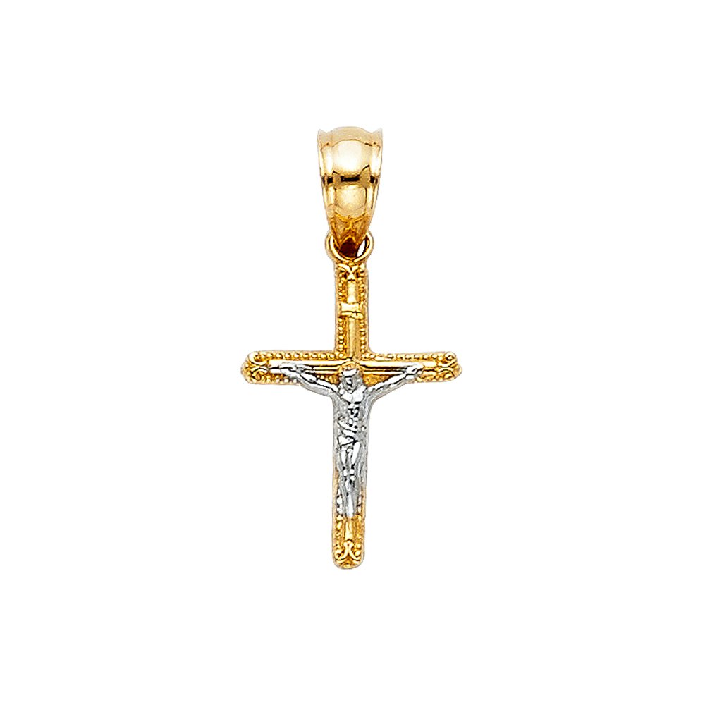 Ioka - 14K Two Tone Gold Jesus Crucifix Cross Religious Charm Tiny Pendant For Necklace or Chain