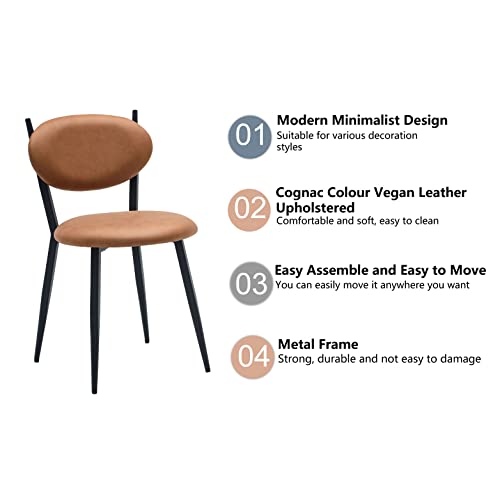 ZHNT Cognac Colour Vegan Leather Upholstered Modern Dining Chairs,Metal Legs for Kitchen Dining Room Chair,Bedroom,Living Room Chairs Set of 2 (Brown)