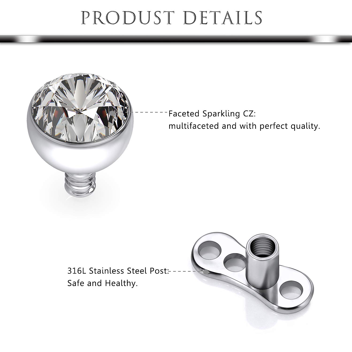 Hoeudjo 24PCS 14g Multicolor CZ Dermal Anchor Tops and Base Skin Titanium Microdermals Surface Piercing Jewelry for Women Men 4mm