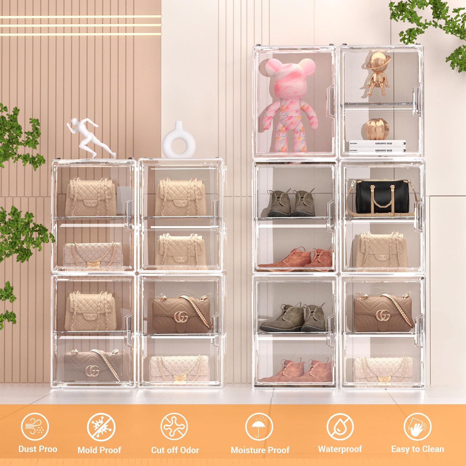 UTHIN 9Pack X-Large 2 Tiers Acrylic Display Case with Division Board, Clear Storage Box for Loungefly Backpack, Anti-Dust Stackable Bag Container Box with Magnetic Door