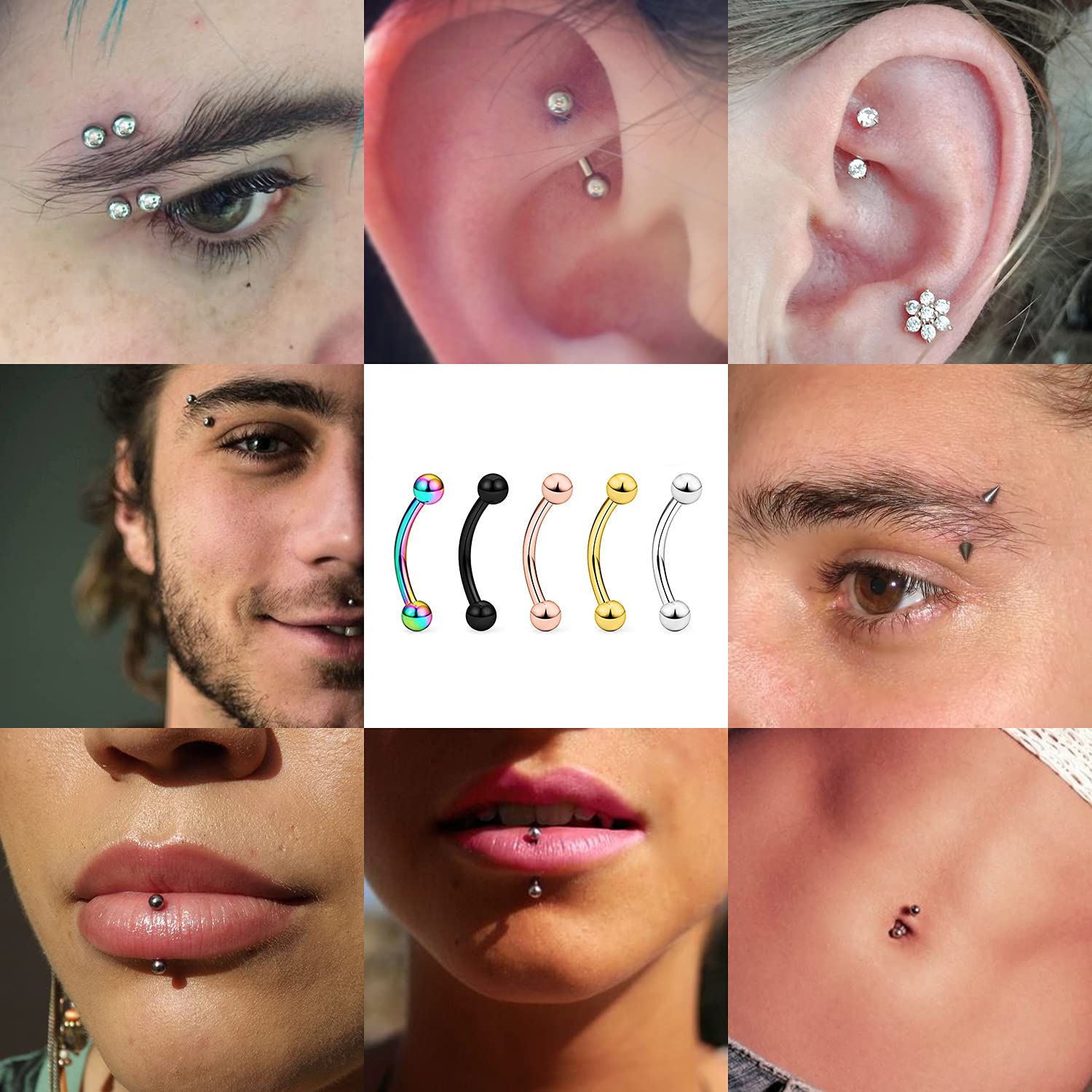 Hoeudjo 40Pcs 16G Eyebrow Piercing Rook Earrings Daith Piercing Jewelry Curved Barbell Kit Surgical Steel Tragus Vertical Lip Rings for Women Men 8mm (5/16")