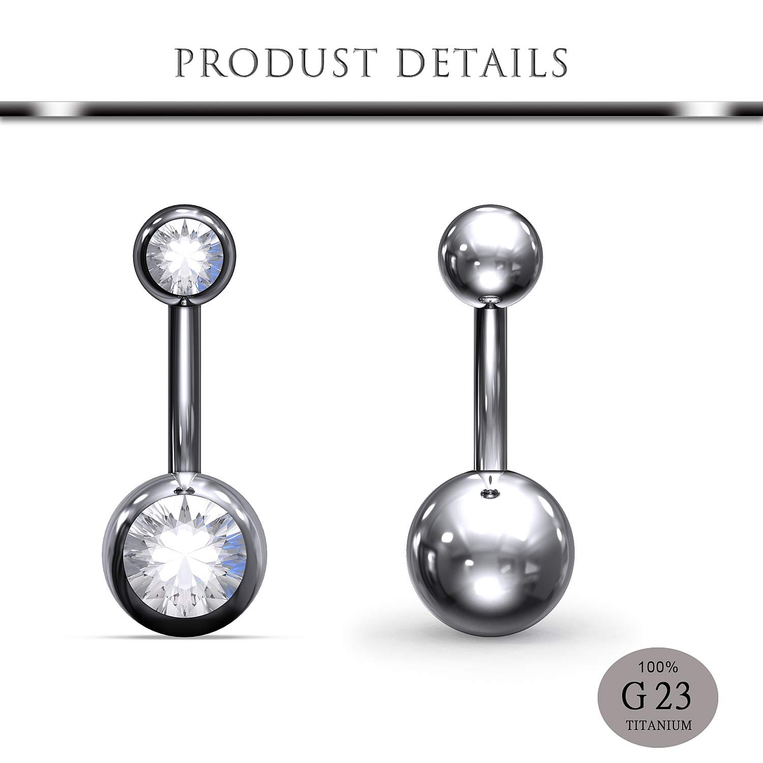 Hoeudjo 14G Solid G23 Implant Grade 23 Titanium Externally Threaded Belly Button Ring Navel Piercing Jewelry for Women 10mm 3/8 inch