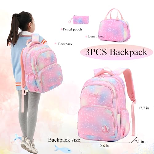 YJMKOI 3PCS Colorful Heart Print Backpack for Girls, Primary Kids Bookbag Set, Purple Backpack with Lunch Box