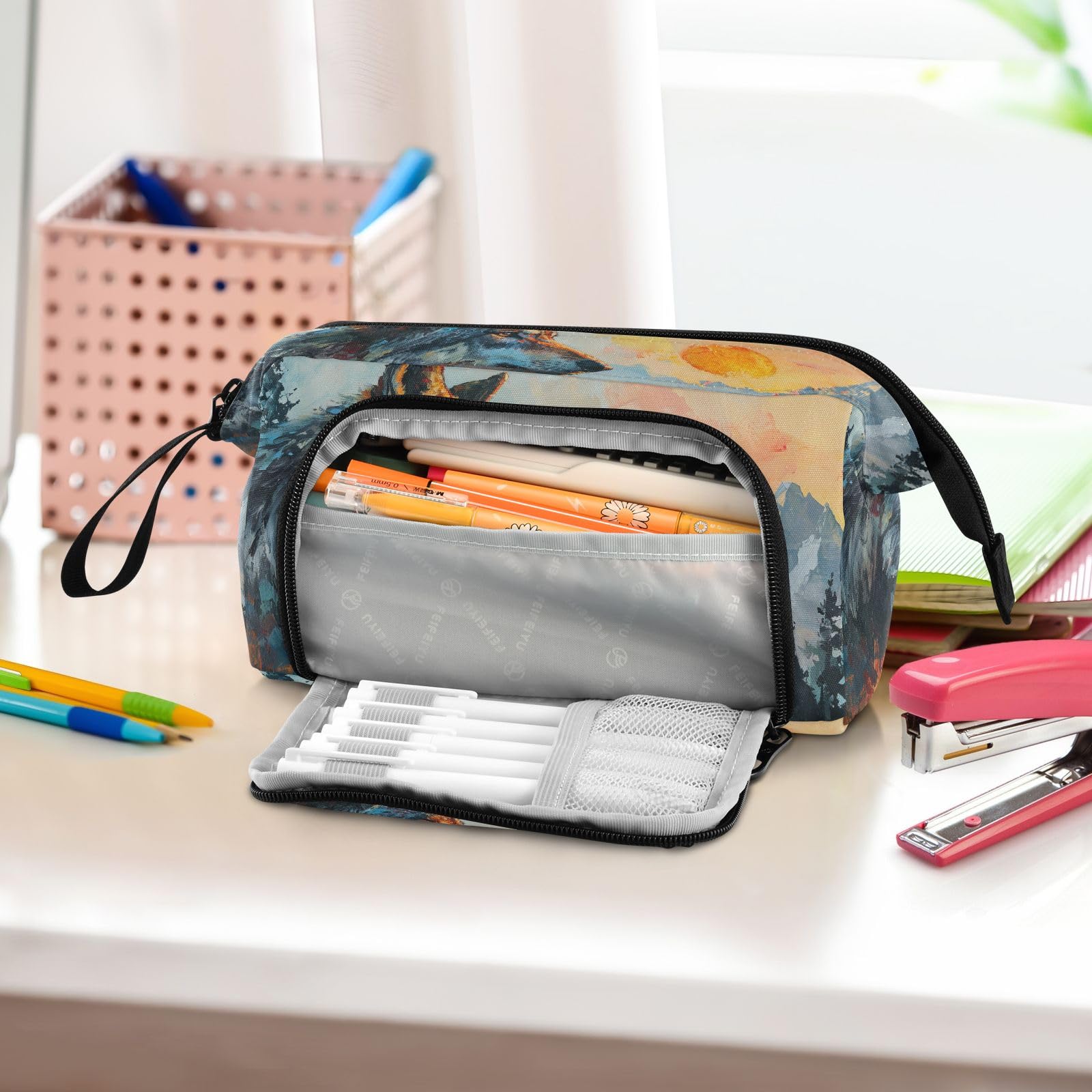 SUABO Big Capacity Pencil Case Oil Print Wolf Forest Pouch Pen Case Pencil Box Stationery Bag Makeup Bag Office Organizer for Adults