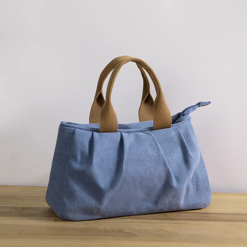 Jeelow Small Canvas Tote Handbag Bag Purse With Zipper & Pocket For Girl Women (Blue)
