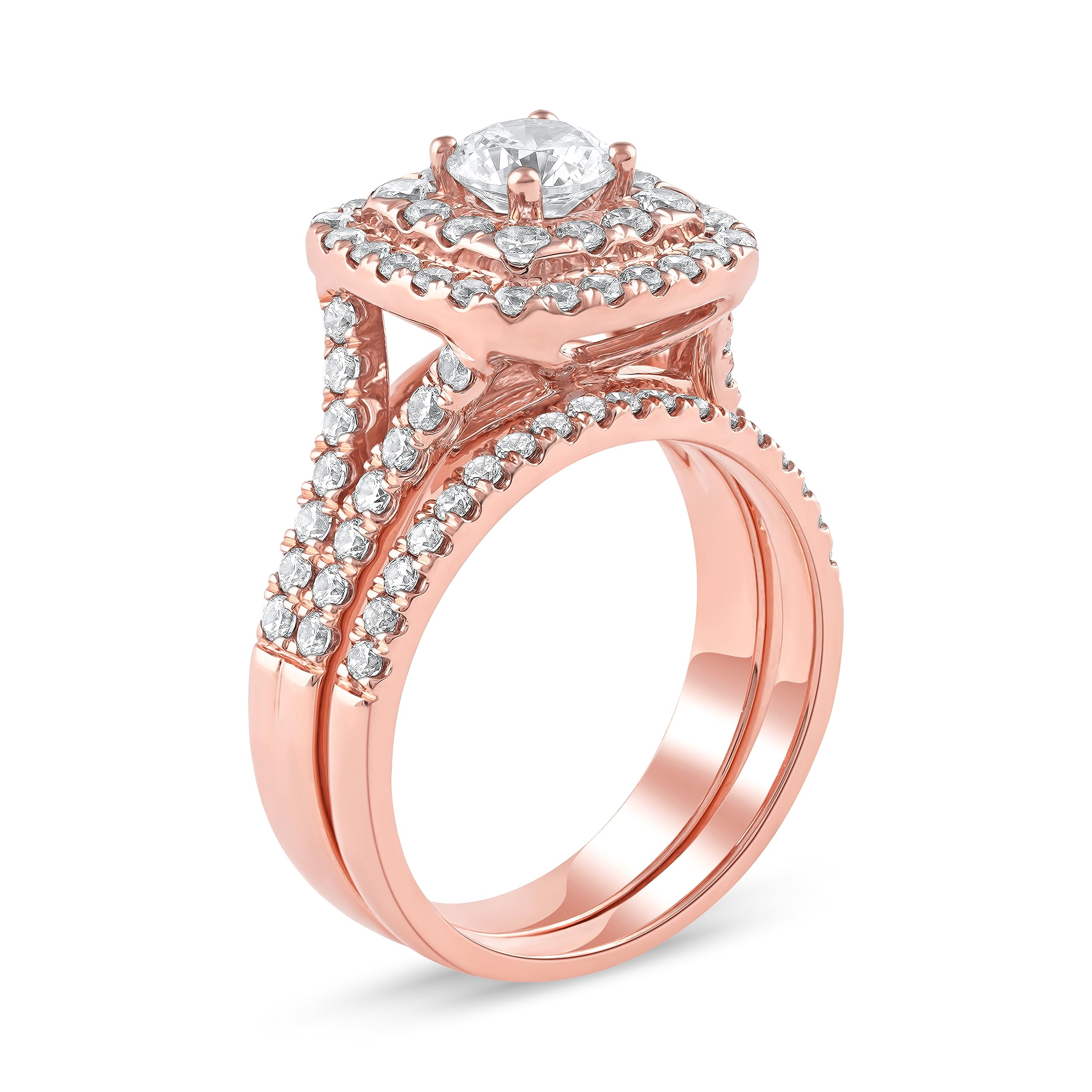 IGI Certified 14k Rose Gold 2 ct TDW Round Cut Diamond Double Halo Engagement Ring Set (I-J, I2)