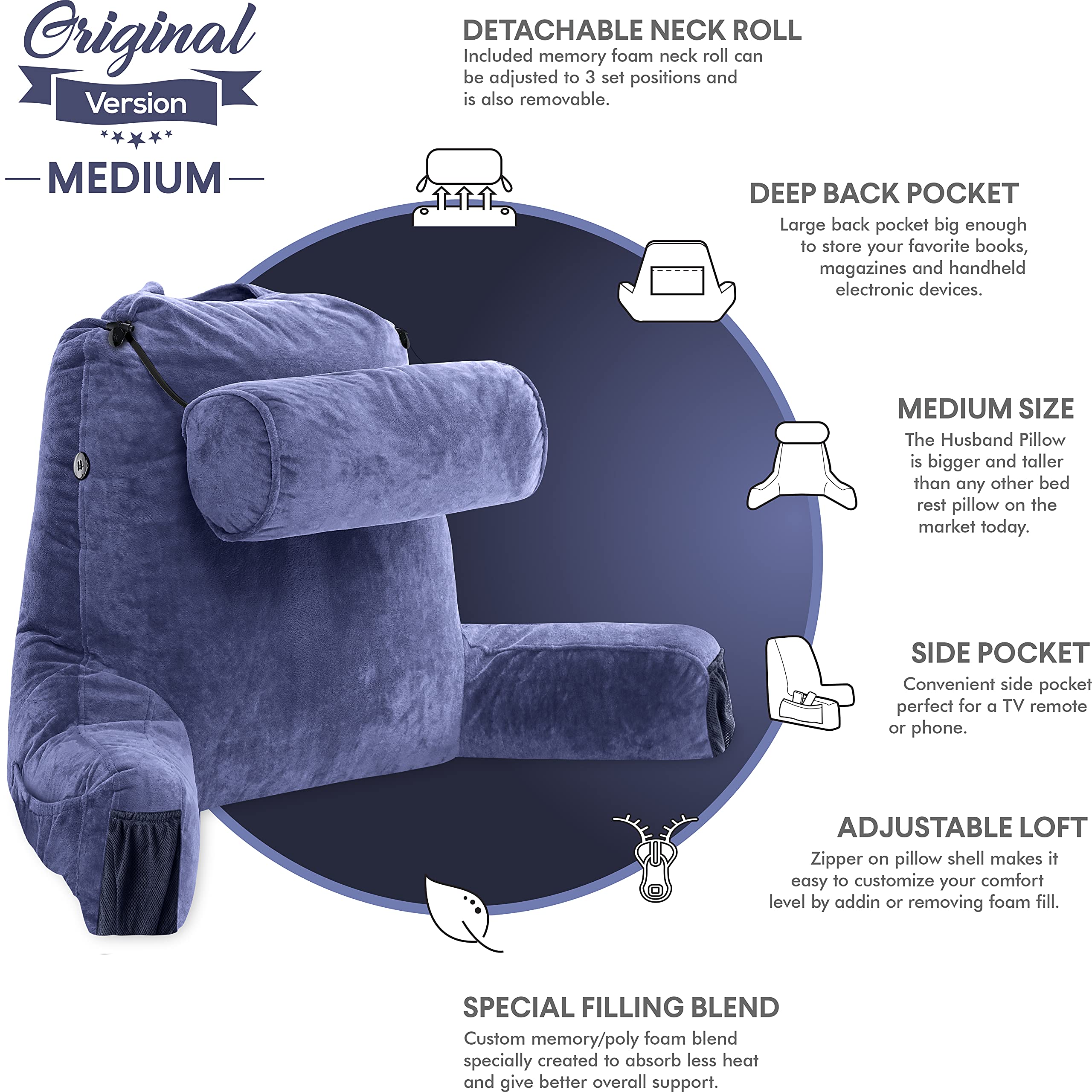 Husband Pillow Combo - Backrest Pillow with Arms : Medium Dark Blue & Foldable Laptop Tray : Brown - Memory Foam Reading Pillows for Bed w/Removable Neck Roll & Laptop Bed Tray Table