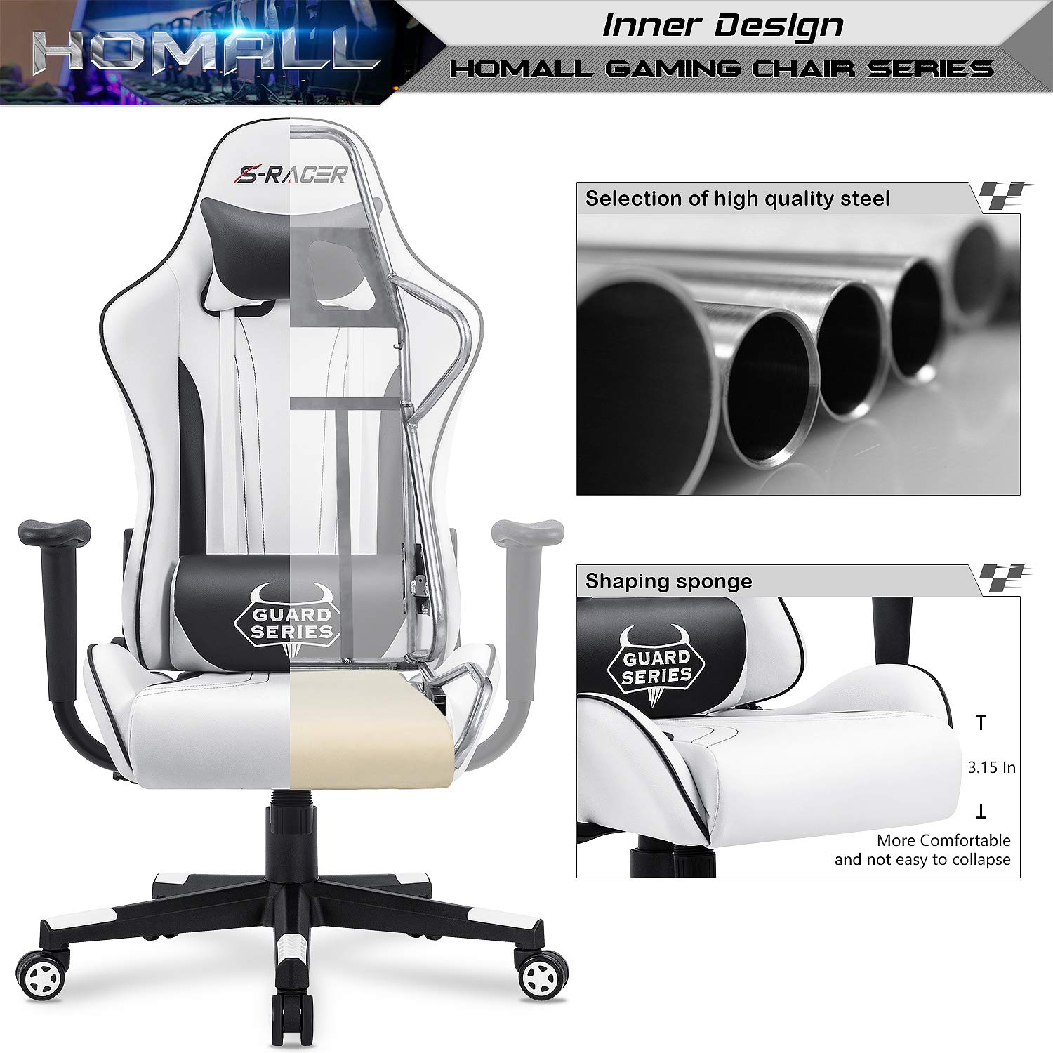 Homall Gaming Chair Office Chair High Back Racing Computer Desk Chair PU Leather Chair Executive and Ergonomic Swivel Chair with Headrest and Lumbar Support (White)